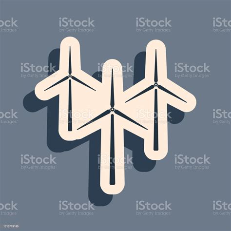 회색 배경에 격리 된 검은 색 풍력 터빈 아이콘입니다 풍력 발전기 기호입니다 풍차 실루엣 전력 생산을 위한 풍차 긴 그림자 스타일입니다 벡터 일러스트레이션 개념에 대한 스톡