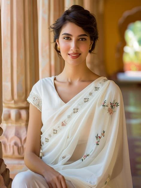 Beautiful Indian Woman In White Saree Premium Ai Generated Image