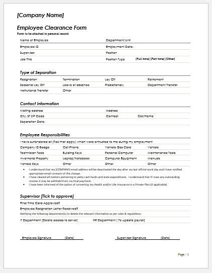 Employee Clearance Form Templates Ms Word Download