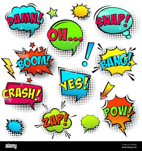 Comic colored speech bubbles with halftone shadow and text phrase. Sound expression of emotion ...