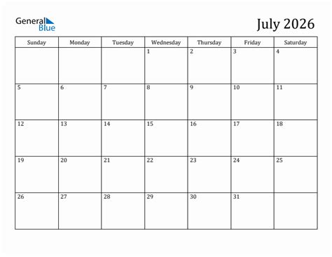 Blank July 2026 Calendar