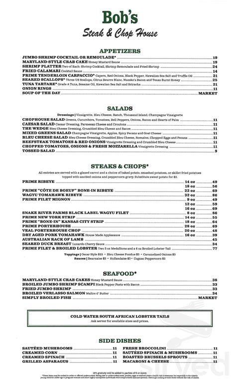 Bobs Steak And Chop House Menus In Austin Texas United States