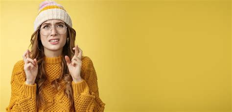 Premium Photo Worried Cute Girl Nerd Hope Pass Exam Standing Nervous