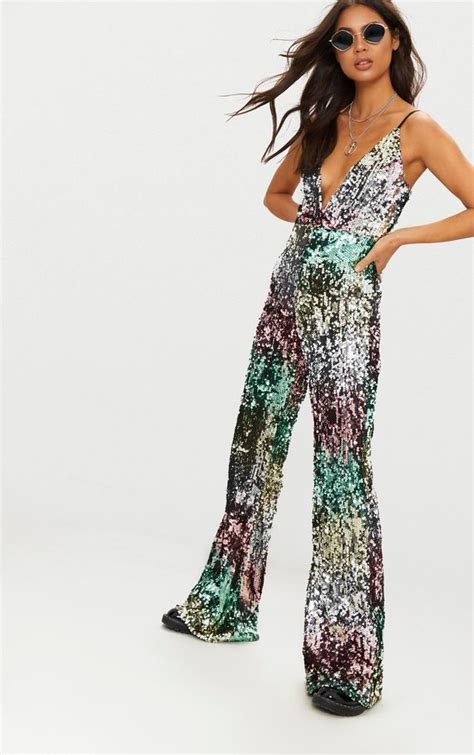 Multi Sequin Plunge Jumpsuit Festival Jumpsuits Sequin Jumpsuit