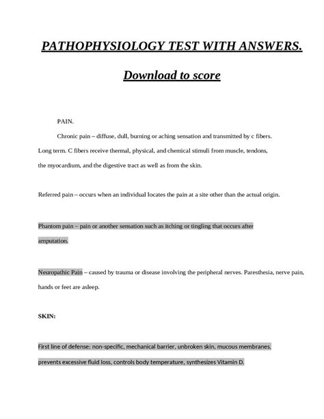 Pathophysiology Test With Answers Download To Score Exams