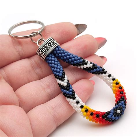Native Style Blue Beaded Keychain Beadwork Key Fob Inspire Uplift