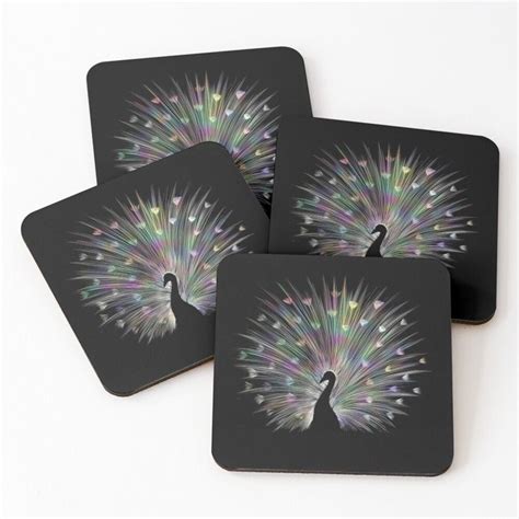 Peacock Black Paper Drawing Colorful Peacock Coasters Set Of 4