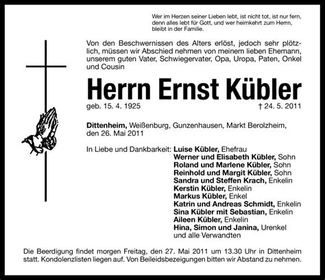 Traueranzeigen Von Ernst Kübler Trauernnde