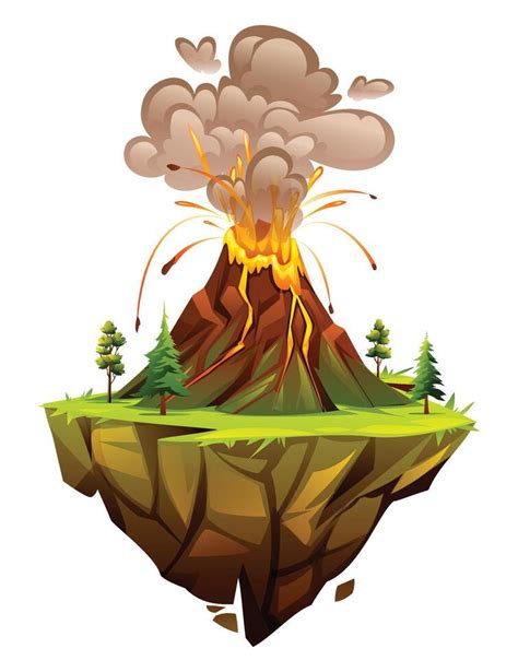 Exploding Volcano On Floating Island With Lava Smoke Cloud And