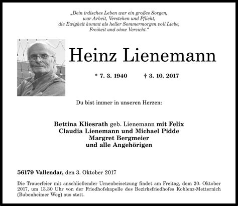 Traueranzeigen Von Heinz Lienemann Rz Trauerde