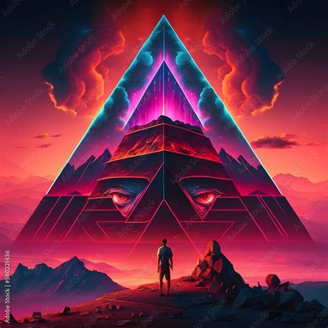 Abstract Synthwave Background With Pyramids At Sunset Ancient Pyramids A Mysterious