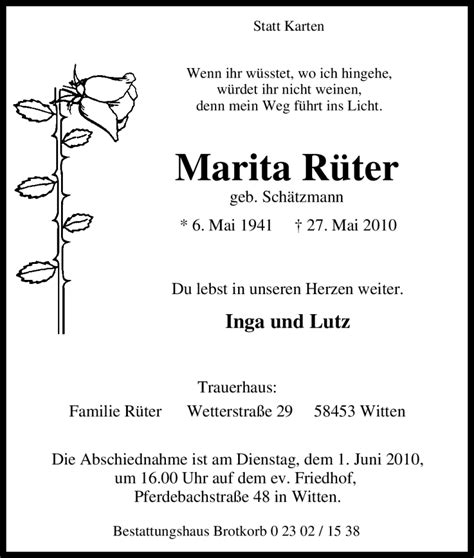 Traueranzeigen Von Marita Rüter Trauer In Nrwde