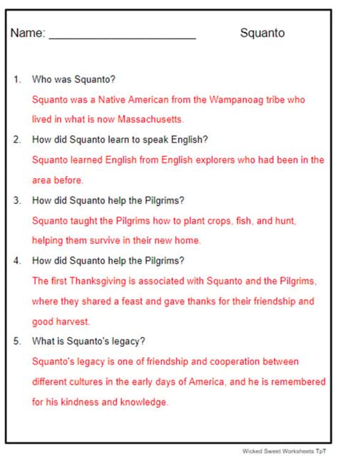 The History Of Squanto Reading Passage With Comprehension Questions