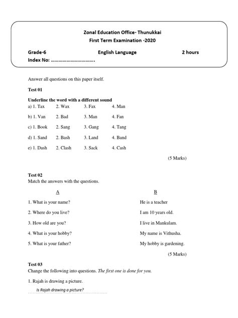 Grade 6 English First Term 2020 Pdf