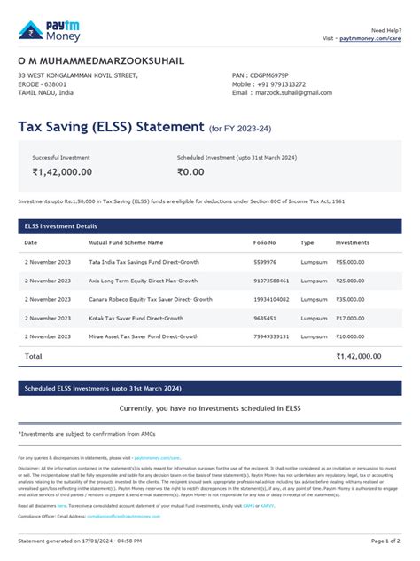 Elss Statement 80c Fy24 Pdf Investing Taxes