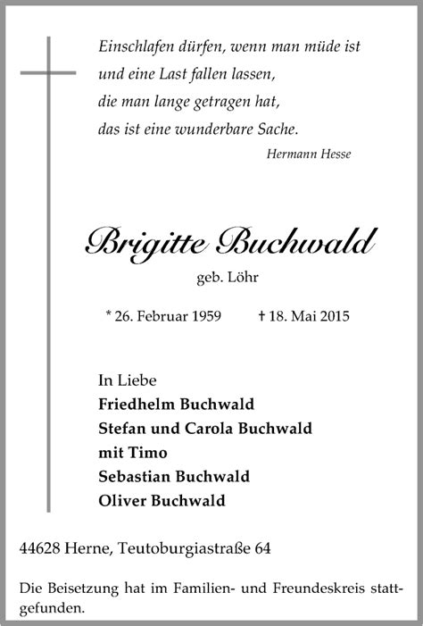 Traueranzeigen Von Brigitte Buchwald Trauer In Nrwde