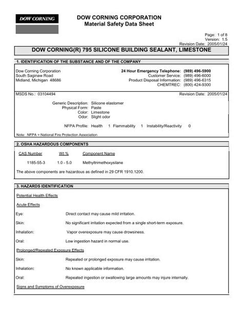 Dow Corning Corporation Material Safety Data Sheet Dow