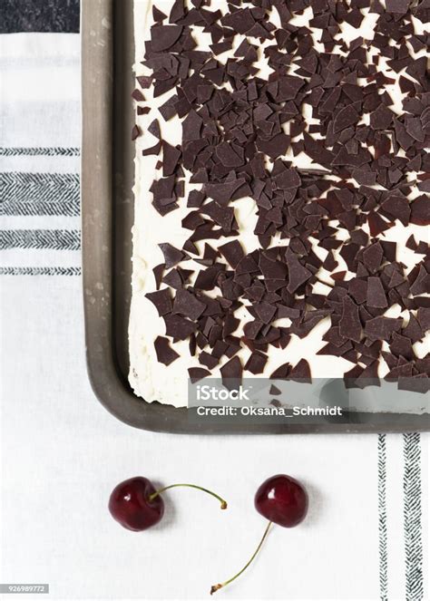 Homemade Traditional Black Forest Sheet Cake Topped With Cream Dark Shokolate And Cherry Stock