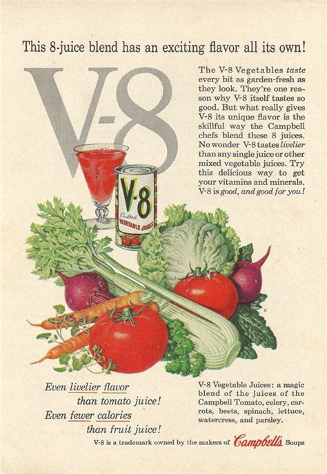 V 8 Cocktail Vegetable Juices Original 1957 Vintage Print Ad Color