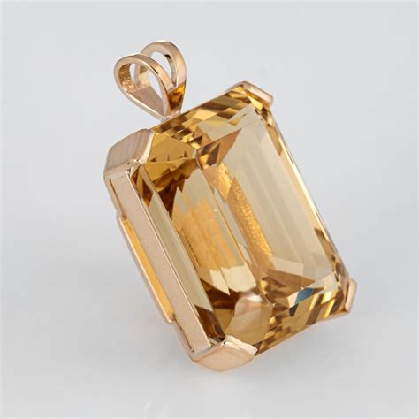 Large 43 Carat Citrine Pendant 14 Karat Yellow Gold Emerald Cut Estate