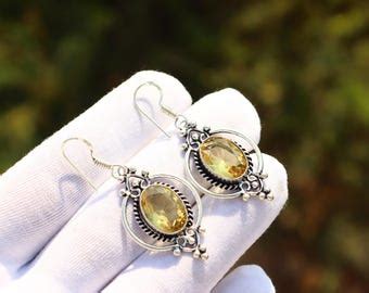 Handgefertigte Citrin Oxidierte Sterling Silber Flache Ohrringe Boho