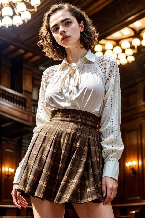 A Woman In A Skirt And Blouse Standing In A Room Seaart Ai