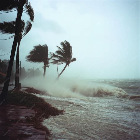 Palm Trees Bend In The Strong Winds Of A Tropical Storm With Large