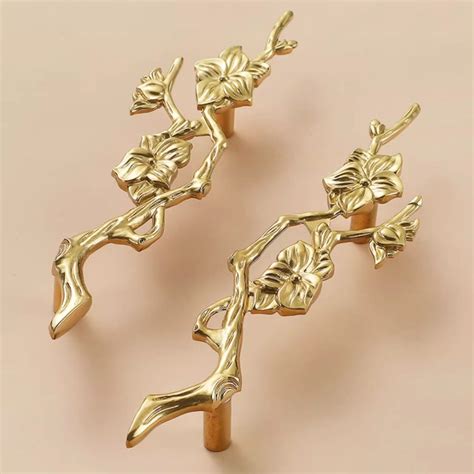 Brass Branches Handles Flower Drawer Pulls Elegant Kitchen Knob Pull Etsy