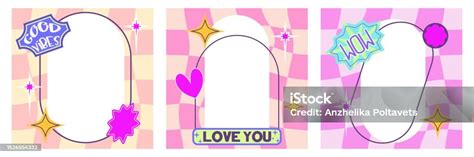 Y2k Template With Frame And Chekerboard 90s Retro Design With Stickers