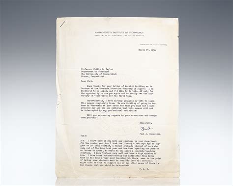 Paul A Samuelson Typed Letter Signed Raptis Rare Books Fine Rare