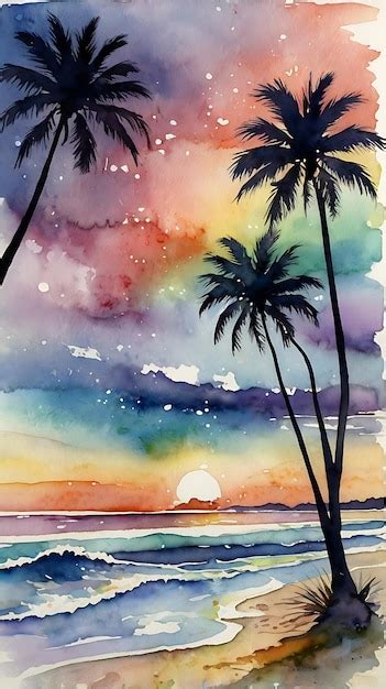 Watercolor Illustration Of A Sunset Beach Scene Premium Ai Generated