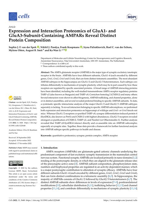 Pdf Expression And Interaction Proteomics Of Glua1 And Glua3 Subunit Containing Ampars Reveal