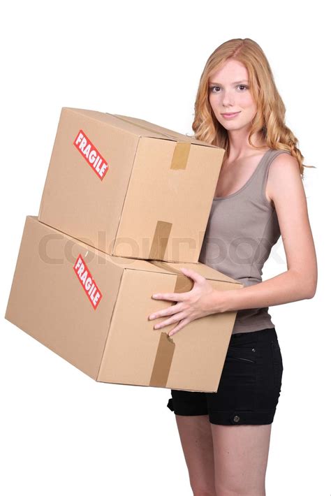 Junges Mädchen Mit Zwei Kartons Stock Bild Colourbox