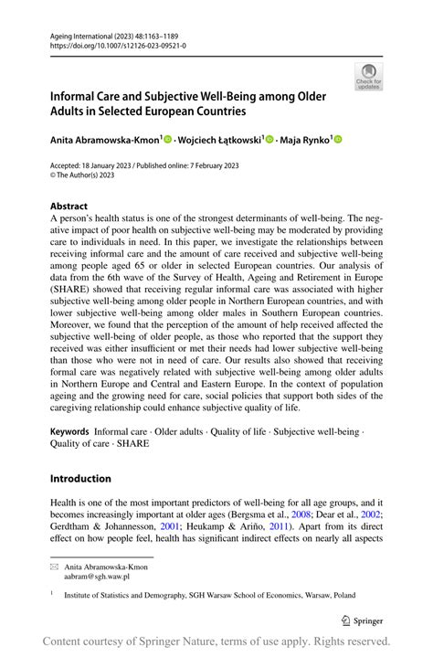 Pdf Informal Care And Subjective Well Being Among Older Adults In