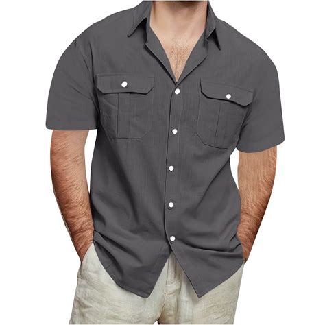 Cyijun Mens Short Sleeve Button Down Mens Button Up Two Pockets Cotton