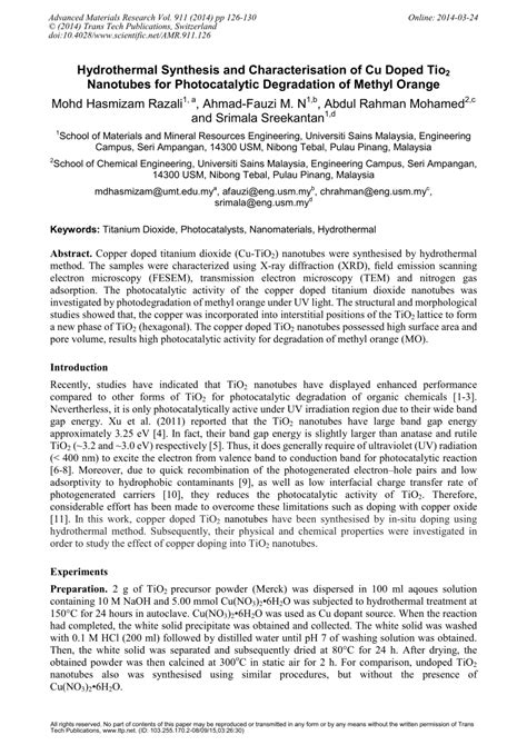 Pdf Hydrothermal Synthesis And Characterisation Of Cu Doped Tio2 Nanotubes For Photocatalytic