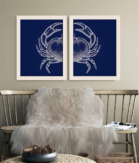 Coastal Crab Diptych Wall Art Set Of 2 Prints Striking Navy Blue
