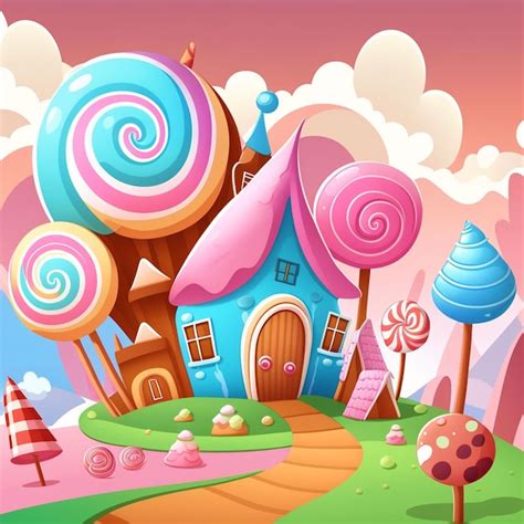 A Cartoon Illustration Of A Candy House With A Pink Roof And A Candy
