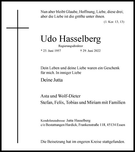 Traueranzeigen Von Udo Hasselberg Trauer In Nrwde