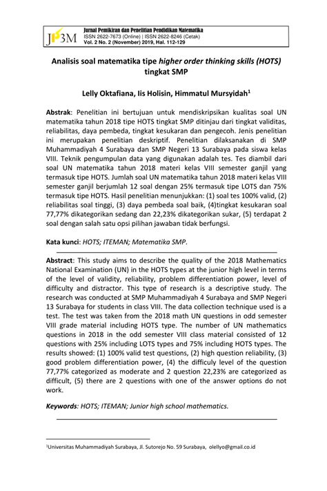 Pdf Analisis Soal Matematika Tipe Higher Order Thinking Skills Hots