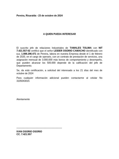 Carta Laboral Para Leider Osorio Camacho Pdf