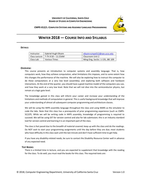 Cmpe 012l Course Syllabus Computer Systems And Assembly