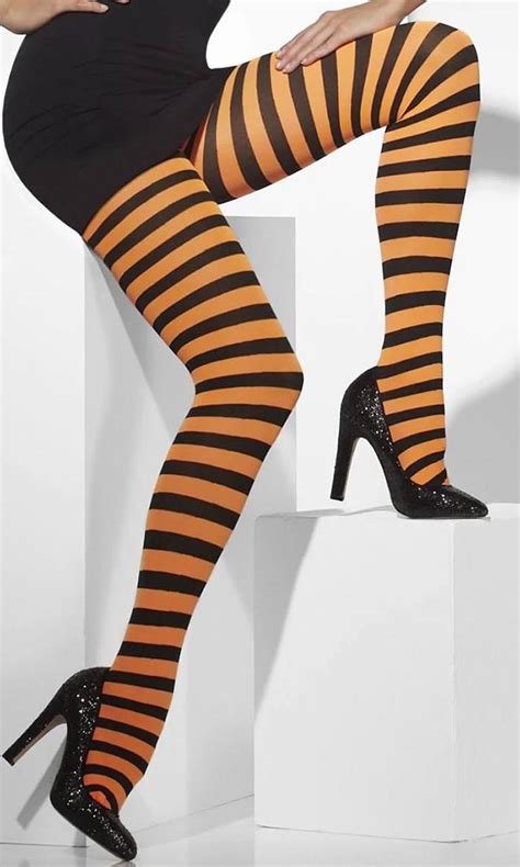 Striped Opaque Orange And Black Tights At 1095 Only From Beserk
