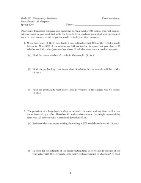7 Problems In Final Examination Elementary Statistics Math 220