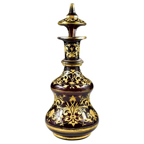 Antique Ruby Glass Decanter Painted Gilded 19th Century For Sale At