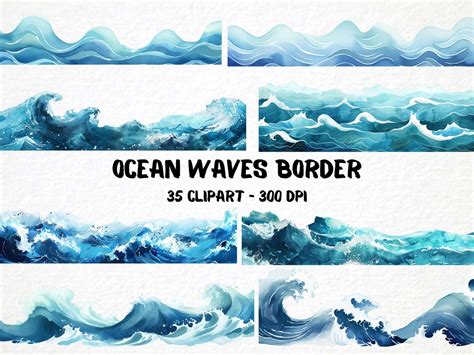 Watercolor Ocean Waves Border Clipart Diy Graphics 35 Png Etsy