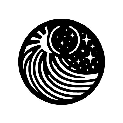 Black White Circular Illustration Depicting Day Night Sun Moon Stars