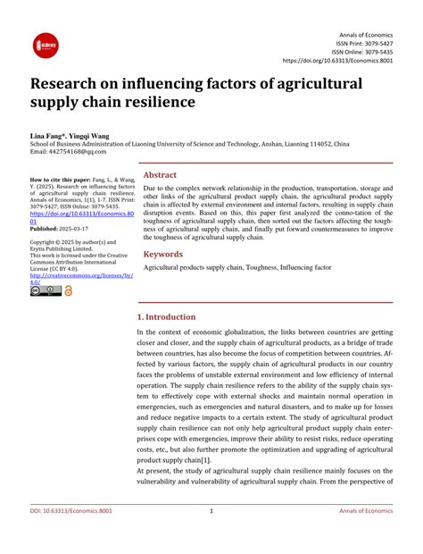 Pdf Research On Influencing Factors Of Agricultural Supply Chain Resilience