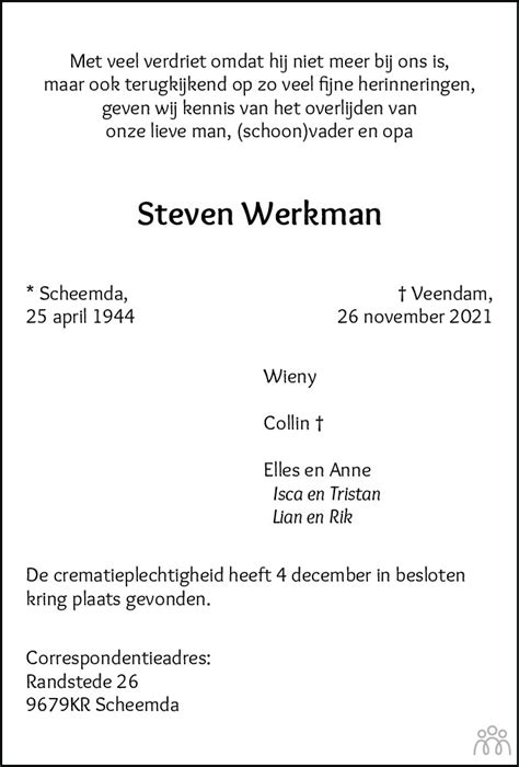 Steven Werkman 26 11 2021 Overlijdensbericht En Condoleances