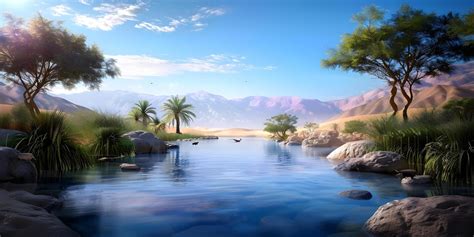 An Oasis Of Water Trees Stones And Wildlife In The Desert Concept